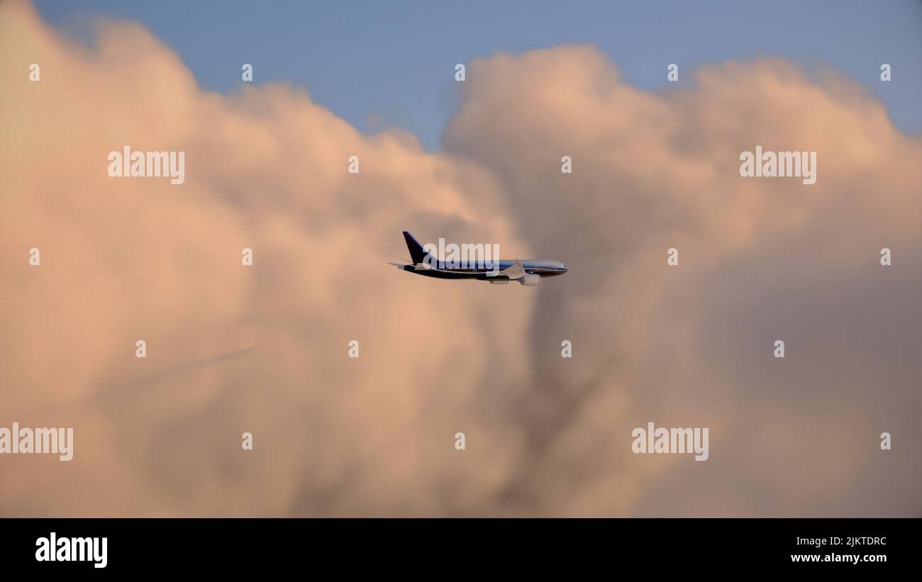 A 3d render design of Passenger aircraft is flying on isolated cloudy ...