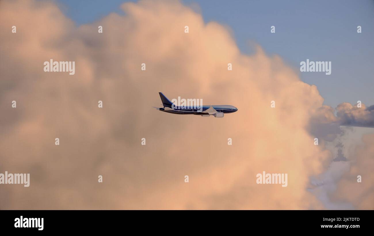 A 3d render design of Passenger aircraft is flying on isolated cloudy ...