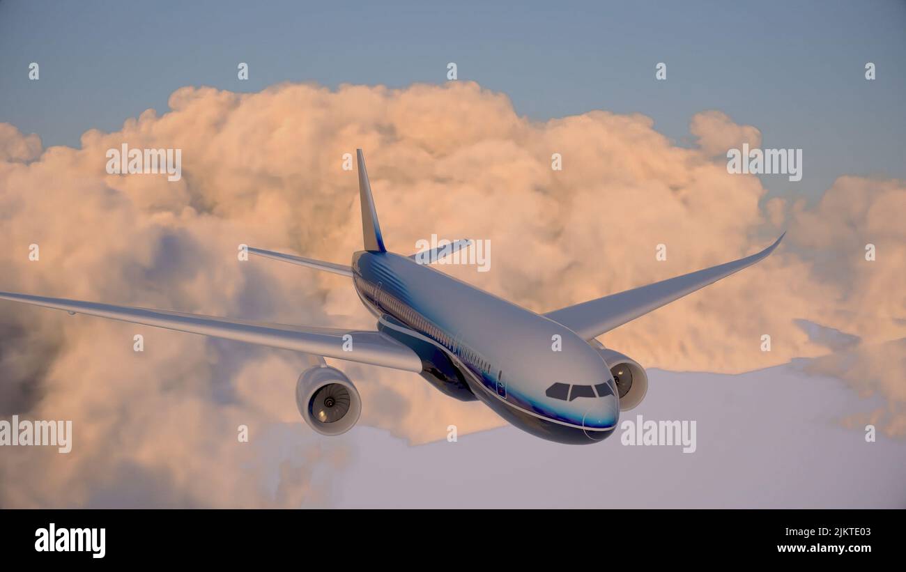 A 3d render design of Passenger aircraft is flying on isolated cloudy ...