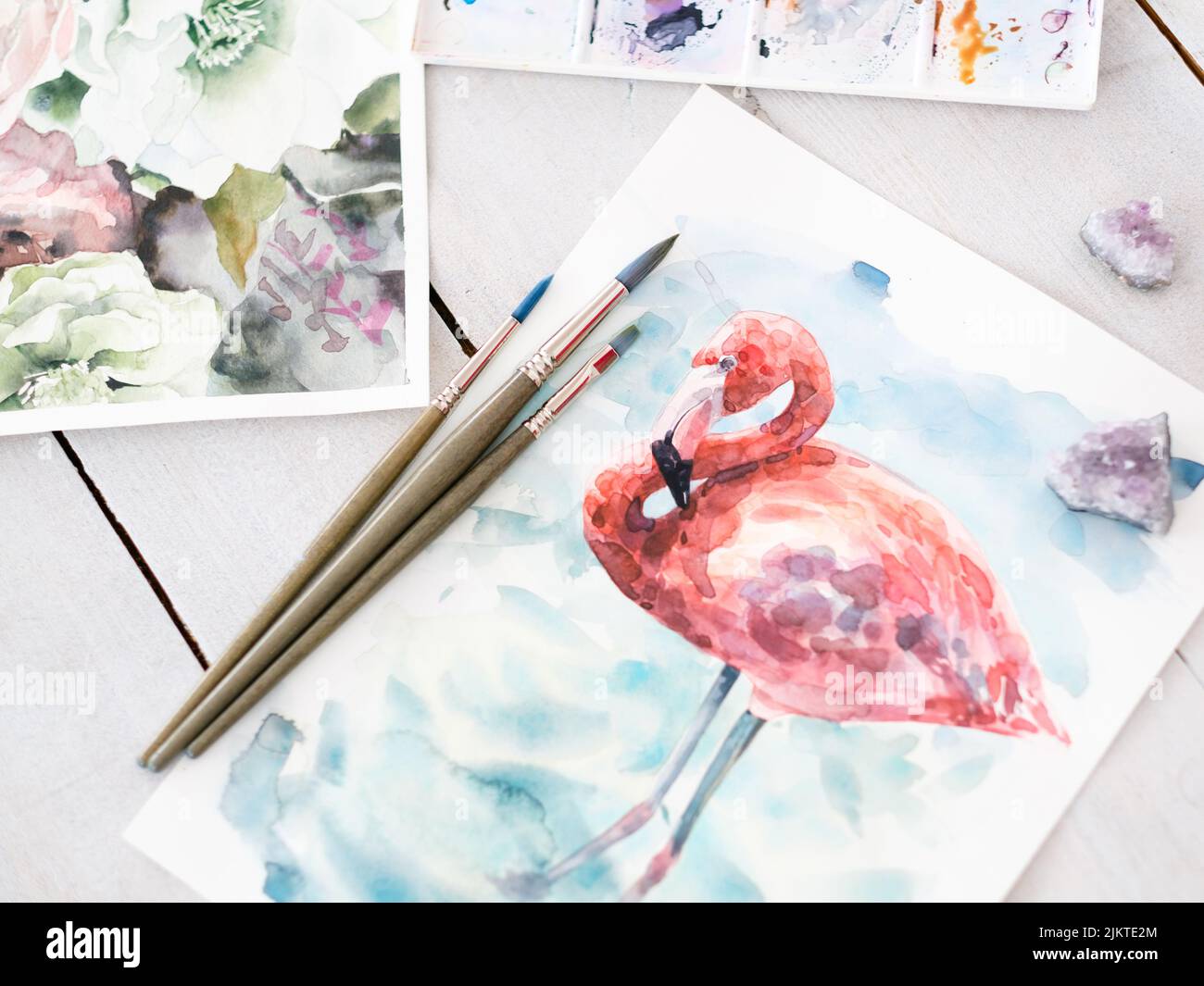 art painting skill watercolor drawing flamingo Stock Photo - Alamy