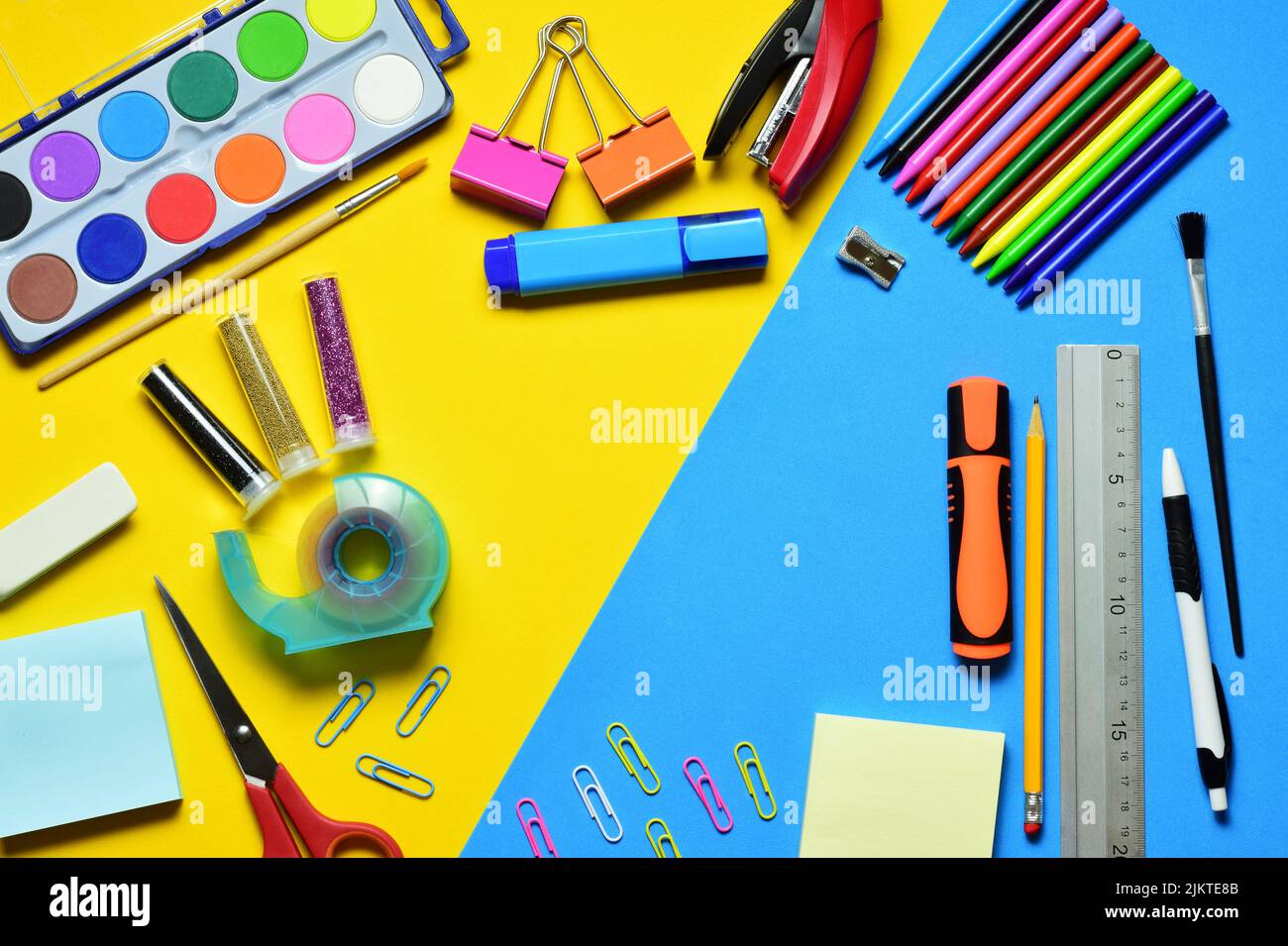 a top view shot of Zenith view On yellow and blue bicolor background ...