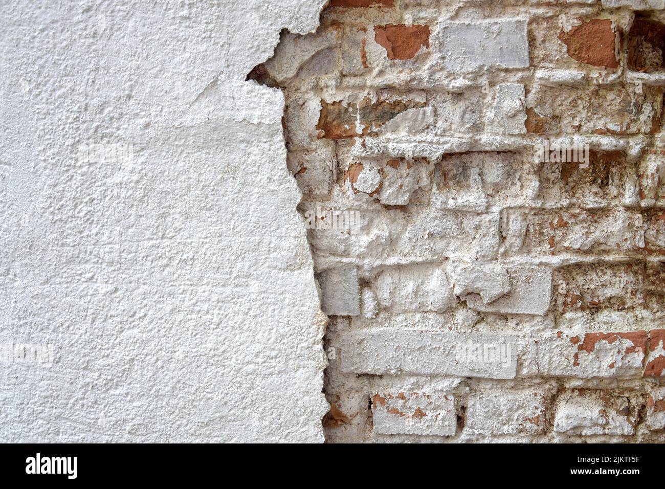 Texture of old brick wall with collapsed plaster. Background of shabby ...