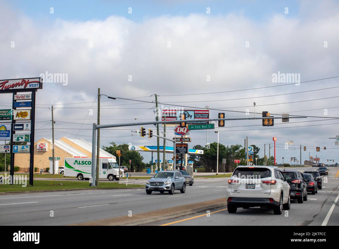 Augusta, Ga USA - 05 21 21: Suburban street scene traffic signs ...