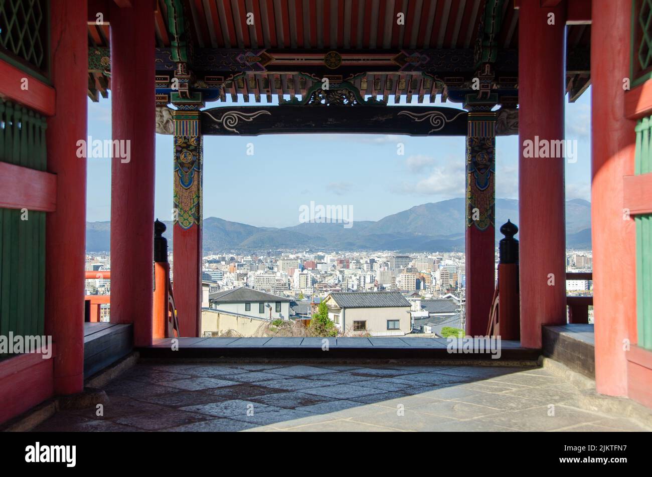 The terrace of a traditional Japanese building in Kyoto with the view ...