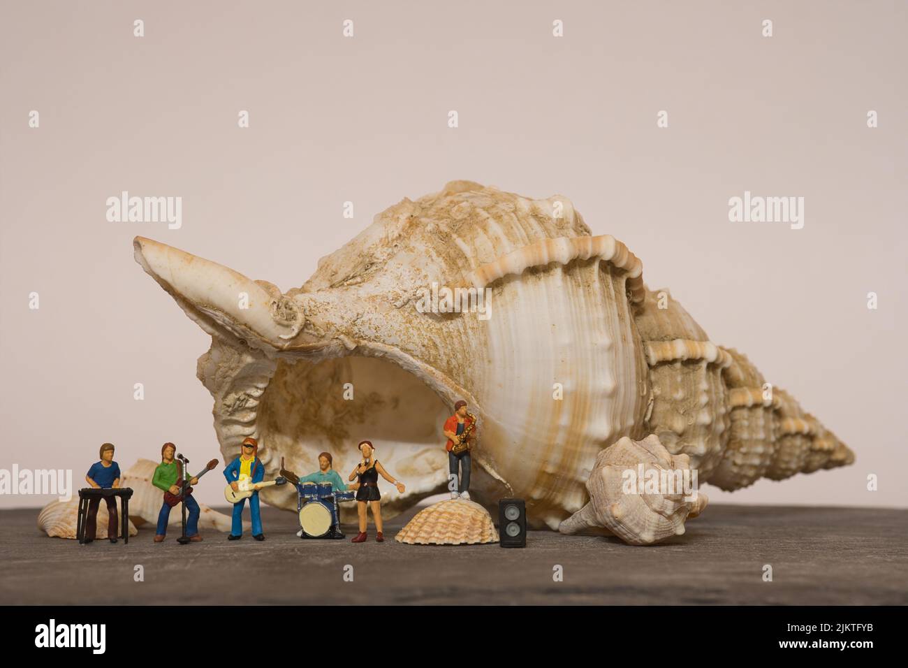 Music band in front of a huge conch shell, colored warm background ...