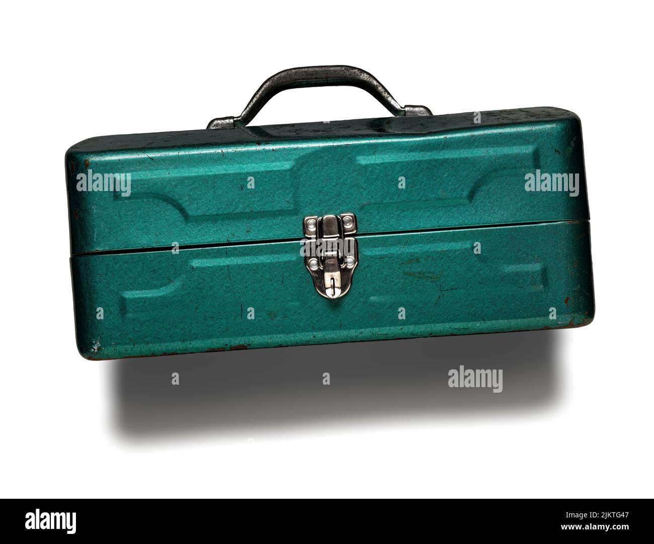 A top view of a green vintage metal toolbox isolated on a white ...