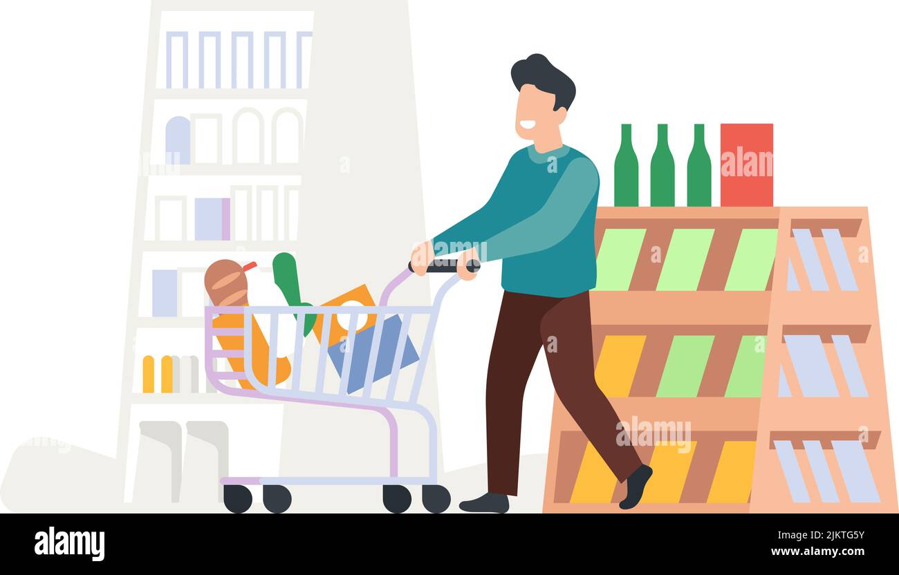 Man in store with supermarket cart. Guy shopping Stock Vector Image ...