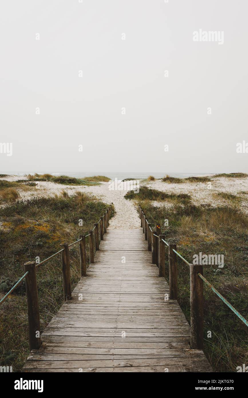 A vertical shot of a wooden walkway leading to the sea under the clear ...