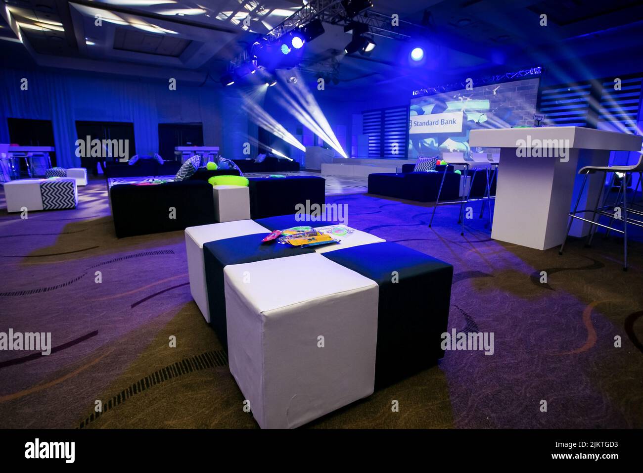 A beautiful interior of a room with an illuminated blue light at a ...