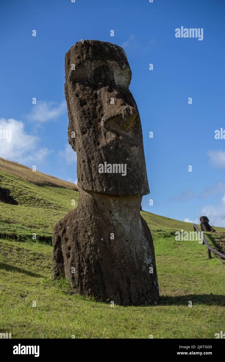 A vertical closeup of an antique Moai stone statue on Easter Island ...
