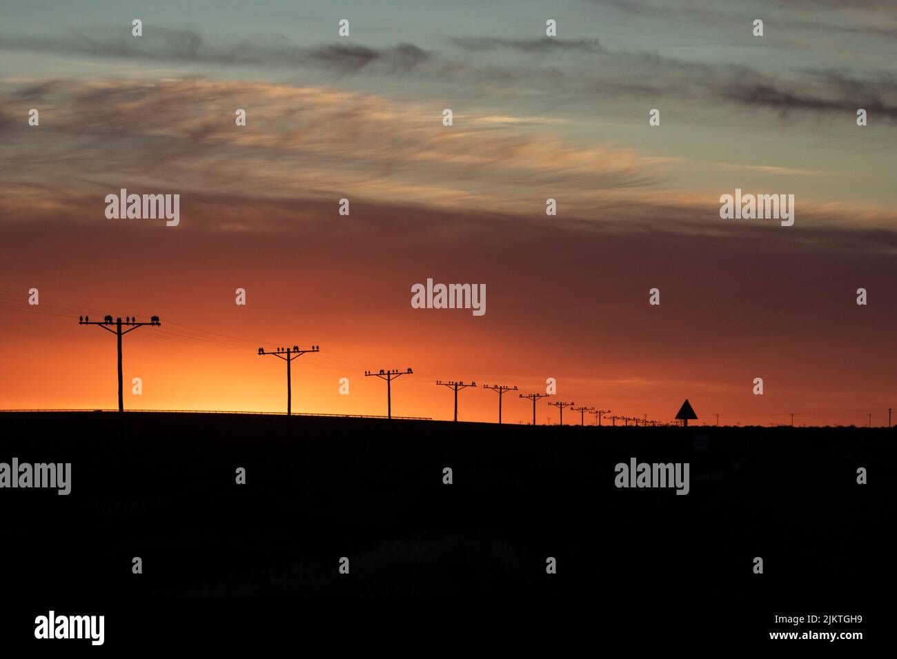 A row of utility poles outdoors during a breathtaking sunset Stock ...