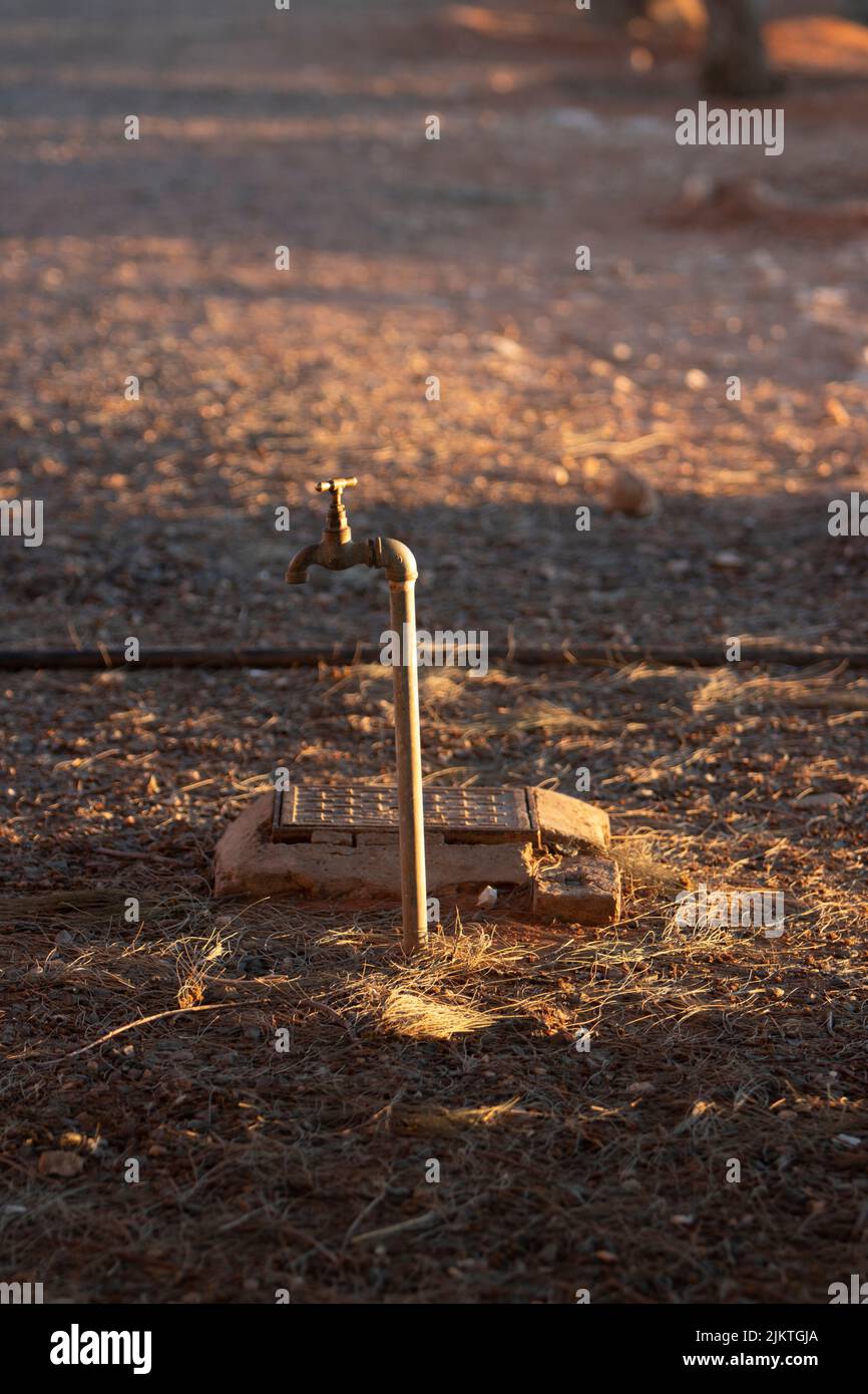 A vertical closeup of an old rustic tap on the ground in sunlight Stock ...