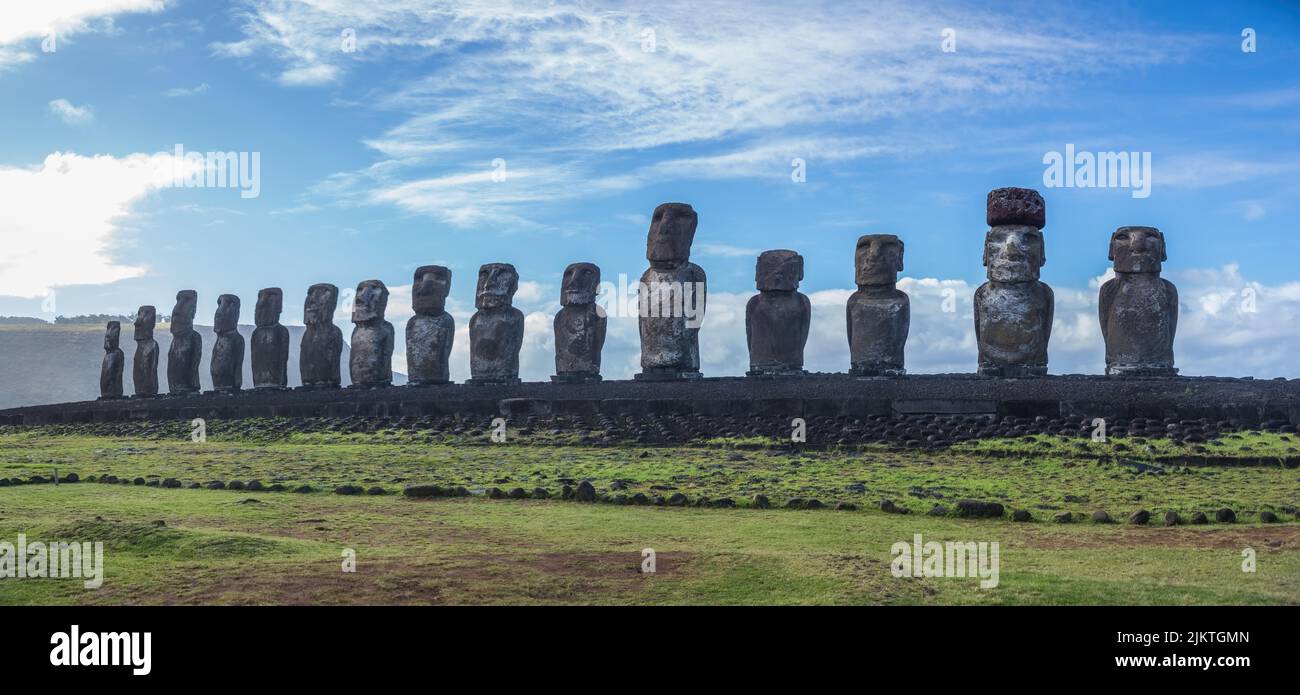 A scenic view of antique Moai stone statues on Easter Island, Chile ...