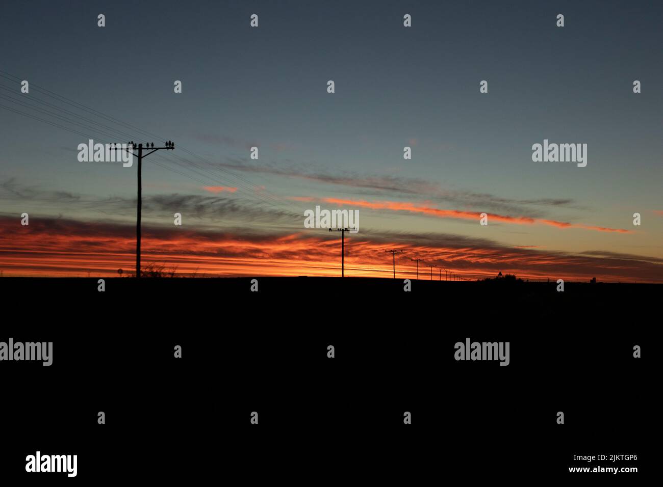 A row of utility poles outdoors during a breathtaking sunset Stock ...