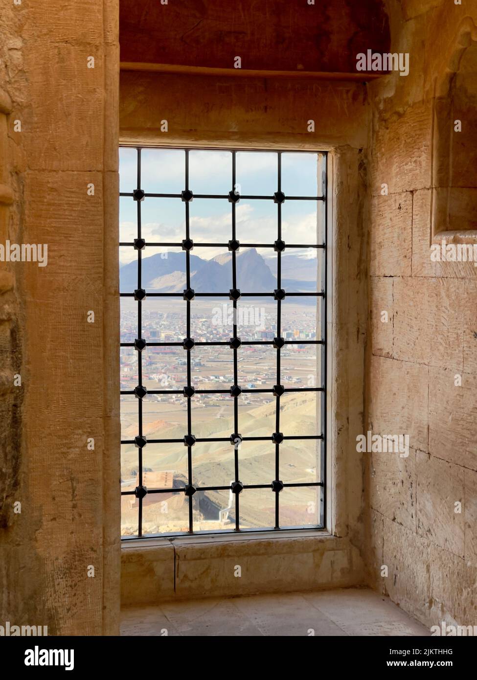 A vertical shot of the view from the Ishak Pasha Palace window in ...