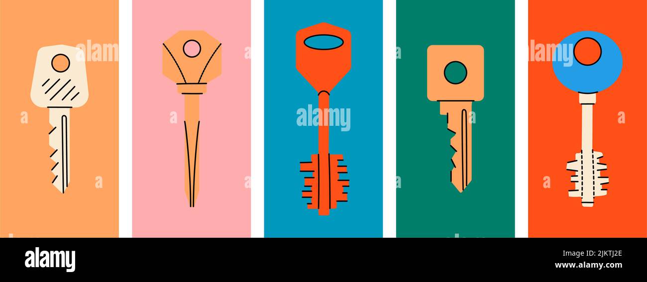 Set of house keys. Colored various posters with hand drawn house keys ...