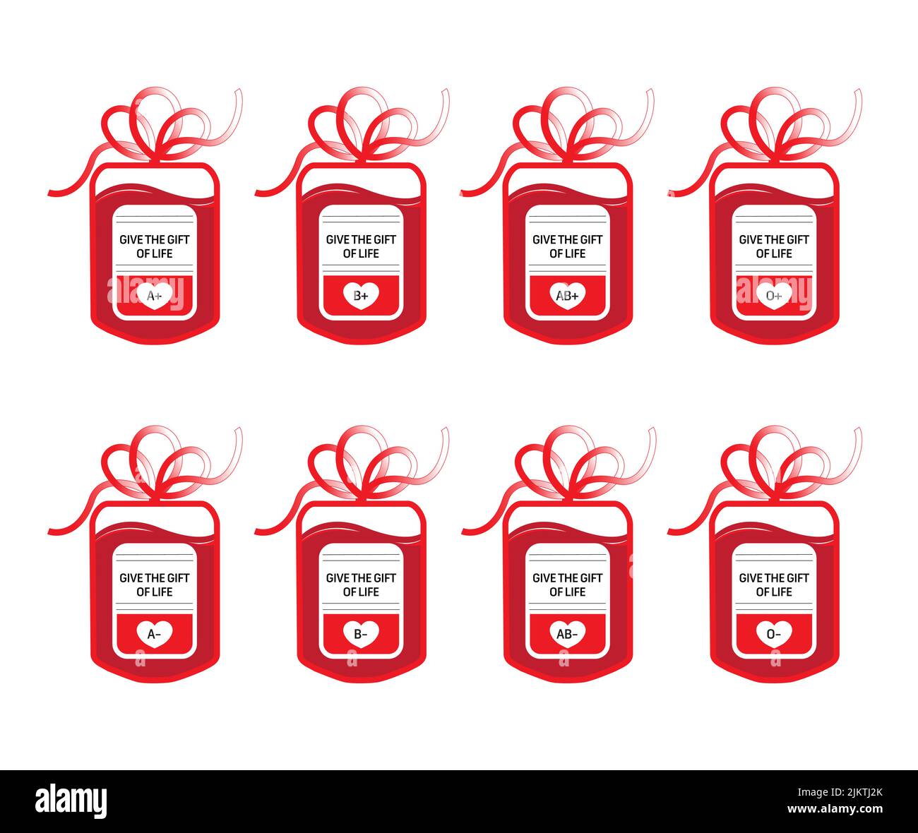 Eight blood donation bags with tube shaped as a gift bow and the slogan ...