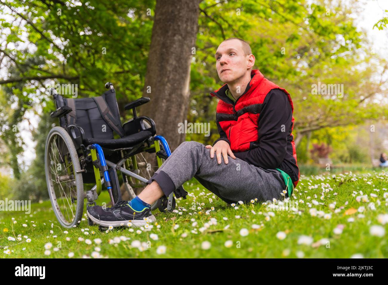Portrait of a paralyzed young man sitting on the grass next to the ...