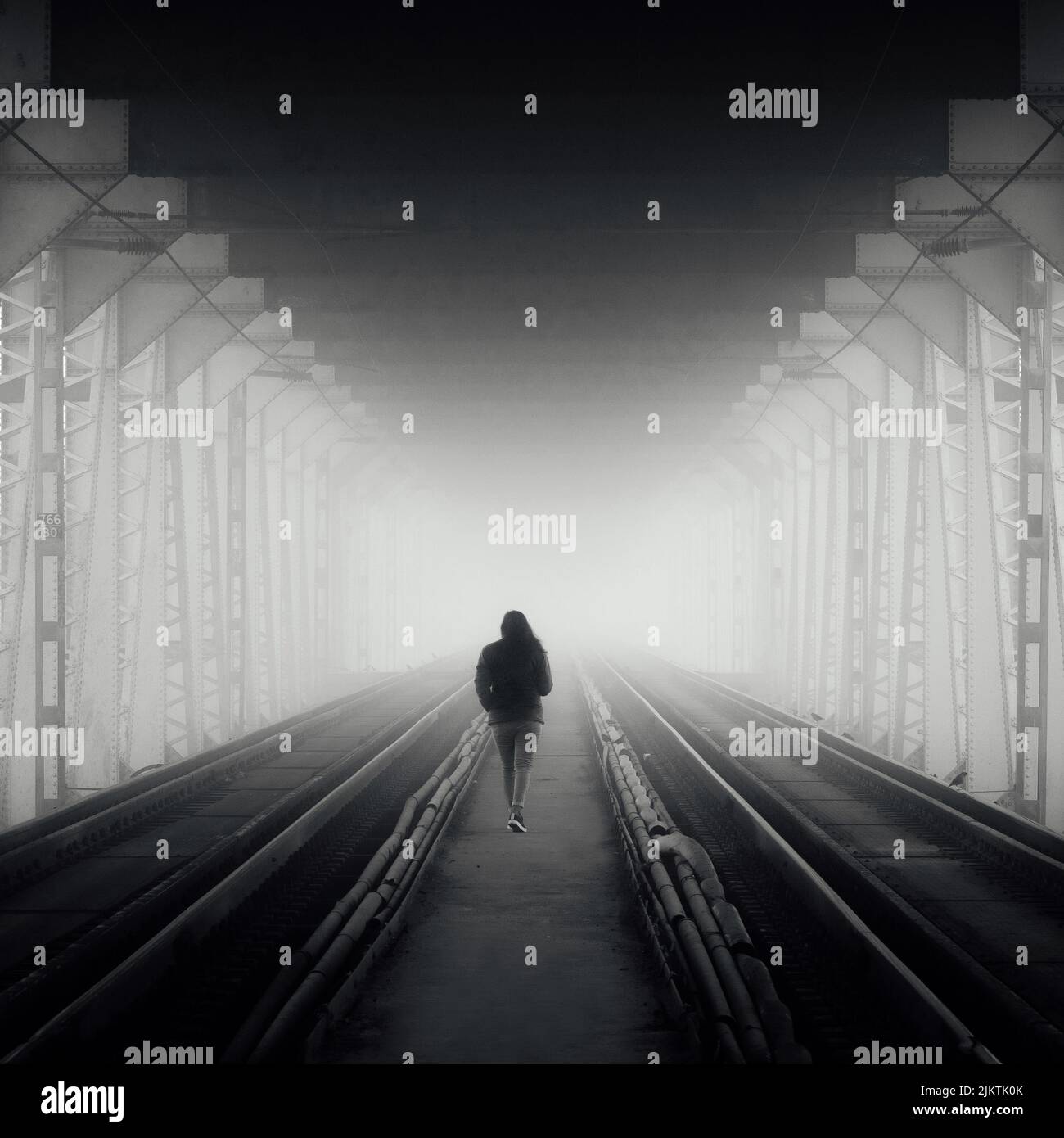 A grayscale back shot of a girl walking alone in the middle of a ...