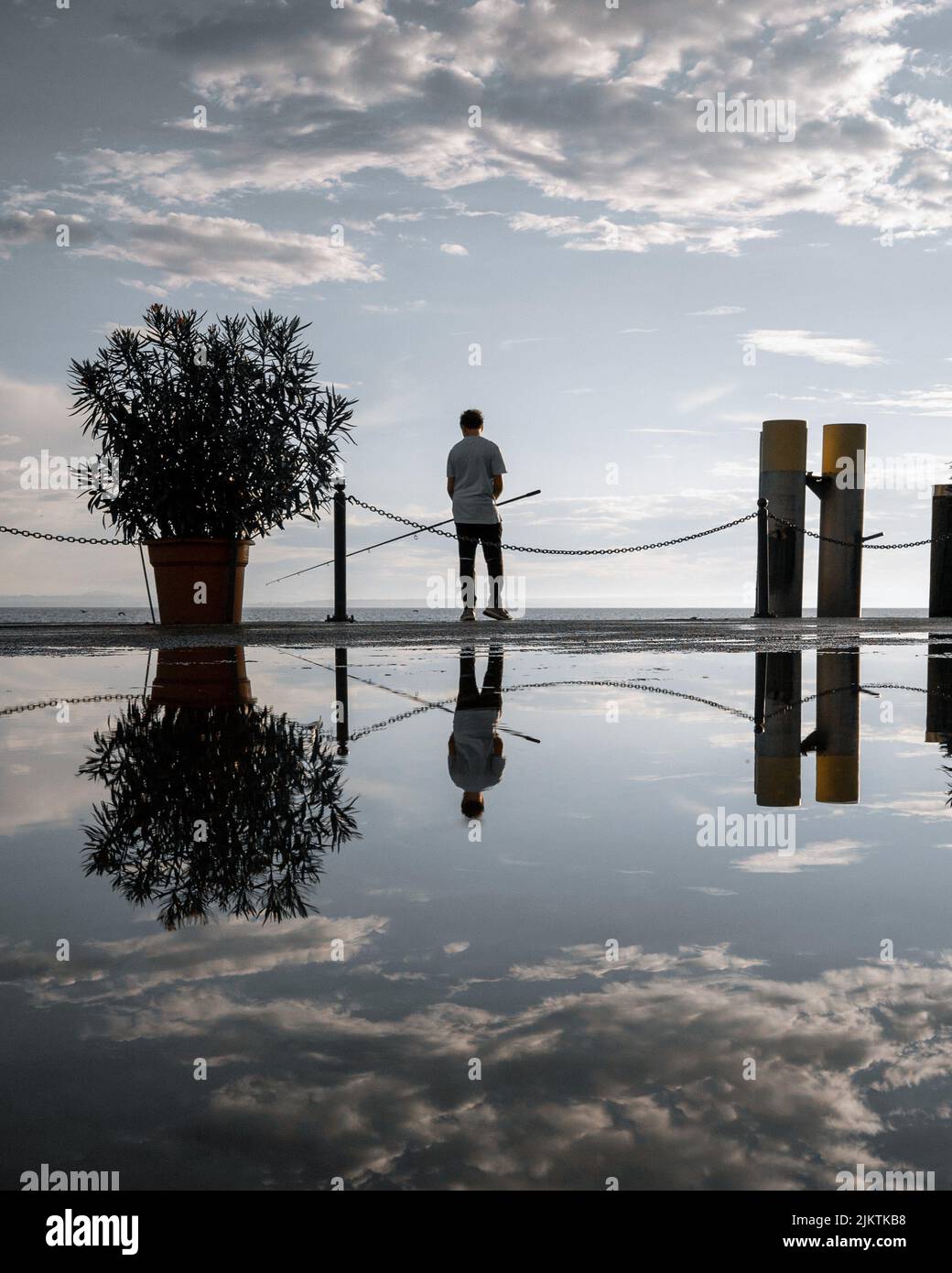 A low angle shot of a person looking out to a scenic view of nature ...