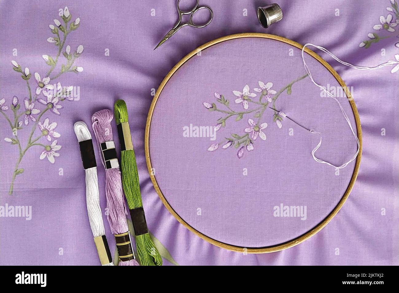 Vintage wooden embroidery hoops, scissors, needle, thread and fabric ...