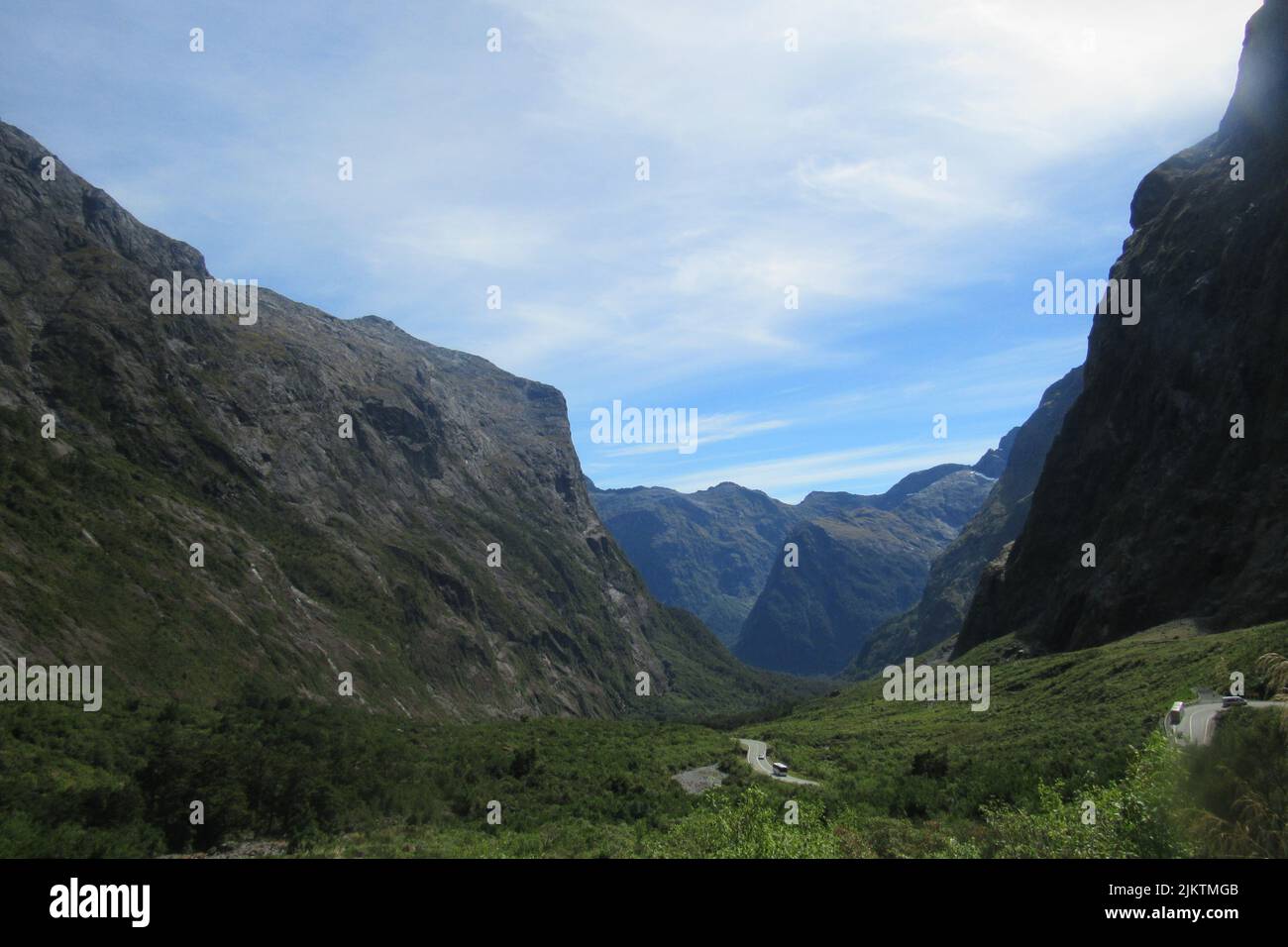 The beautiful view of the mountain range and green vale. New Zealand ...