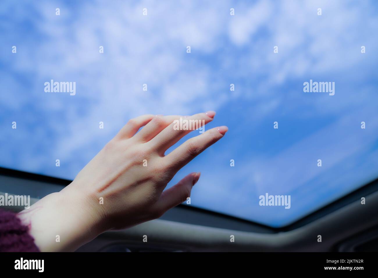 A beautiful female hand touching the glass window of the car Stock ...