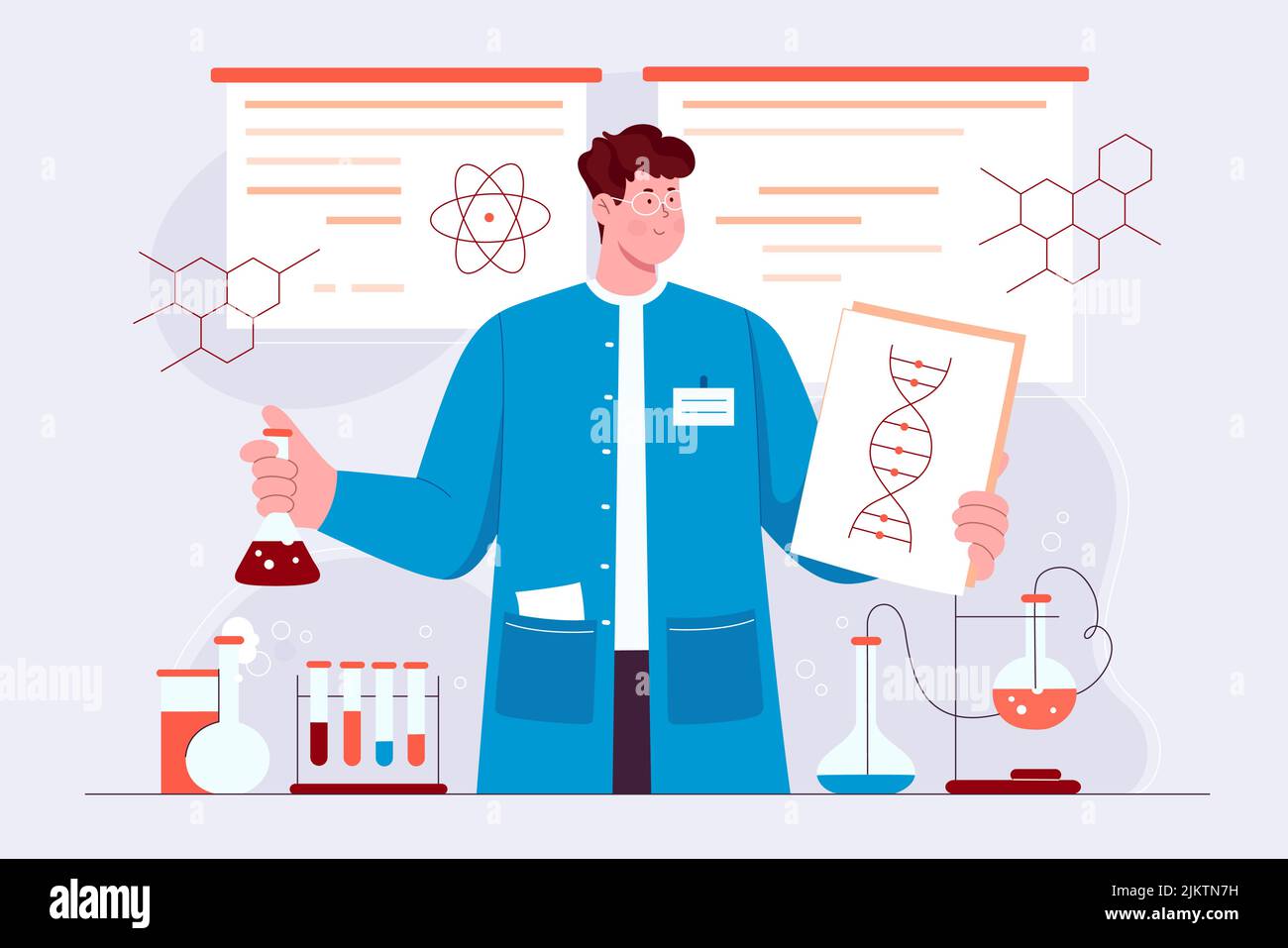 Genetic research and scientific experiment in laboratory. Cartoon ...