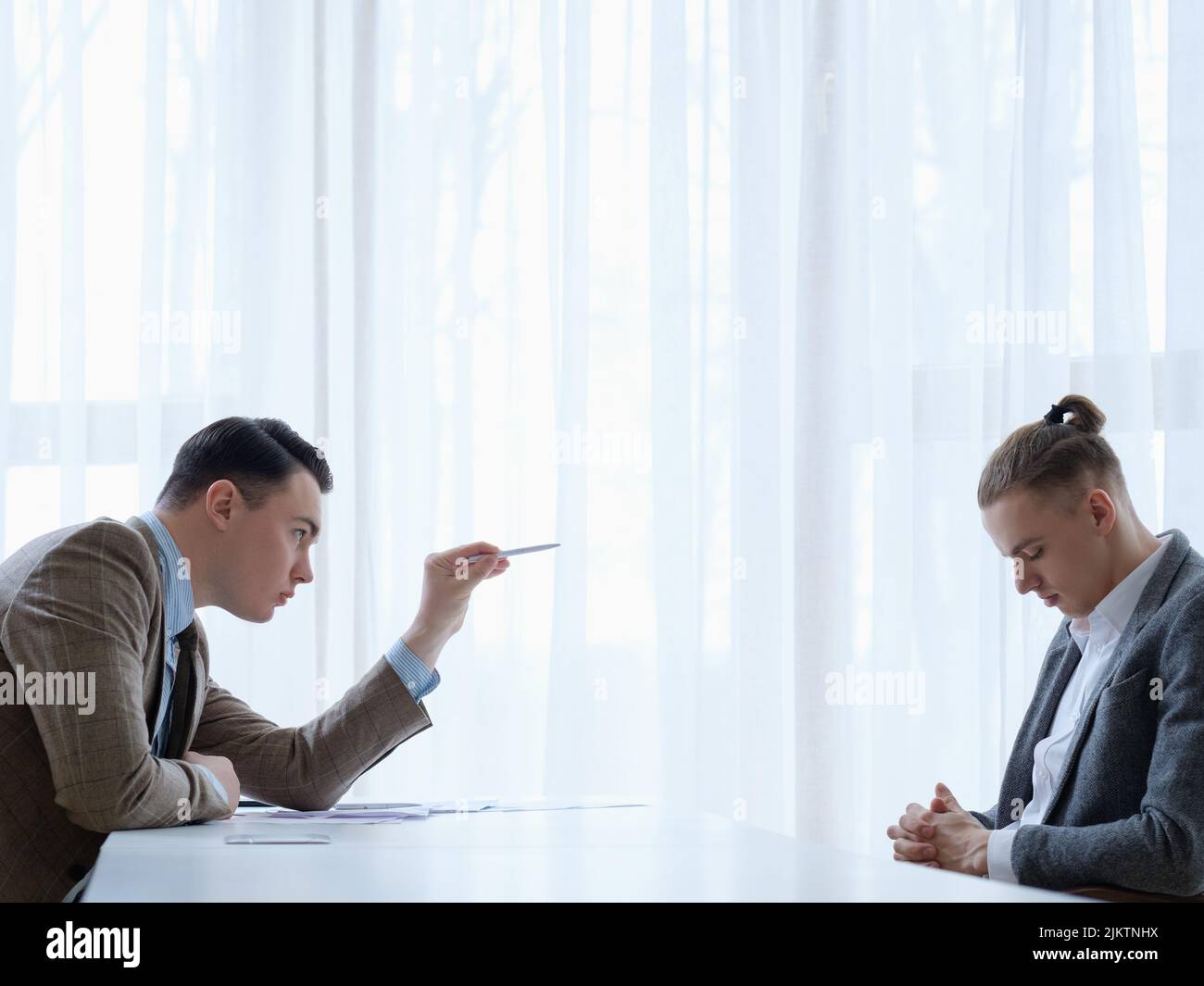 boss scold employee business man reprimand reproof Stock Photo - Alamy