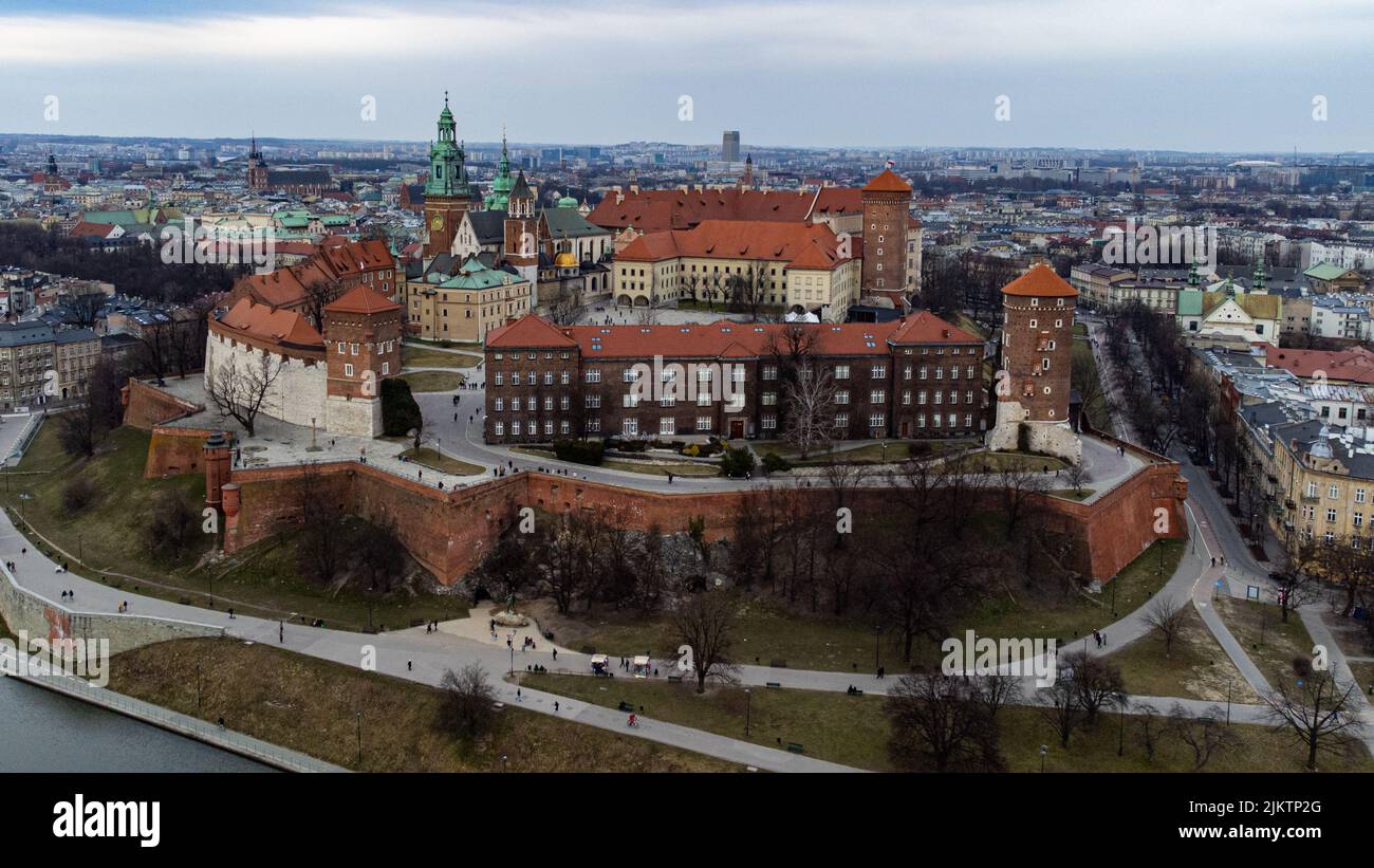 An aerial view of the famous Wawel Royal Castle in Krakow Stock Photo ...