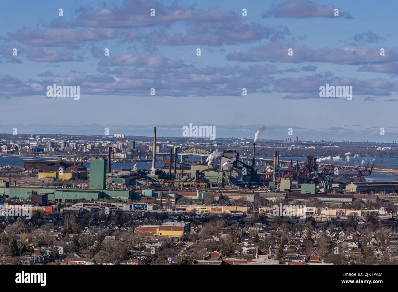 The view of industrial area buildings, working factory. Hamilton Canada ...