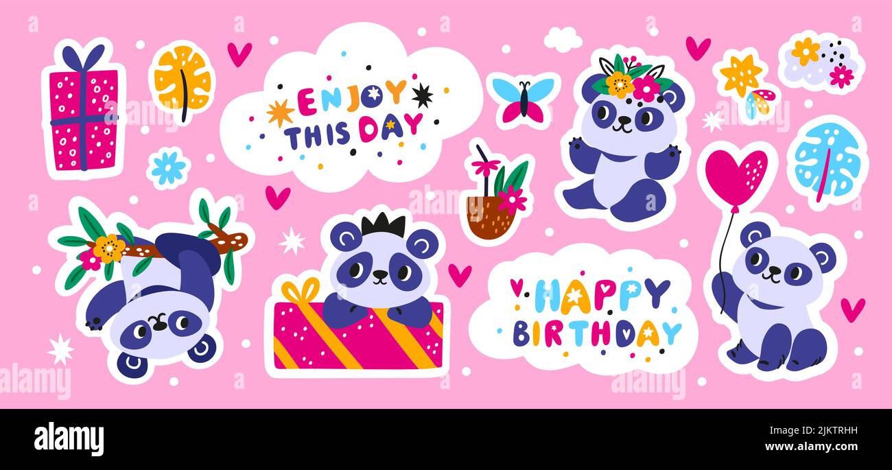 Cute panda stickers. Cartoon animals. Color labels. Happy Chinese bear ...