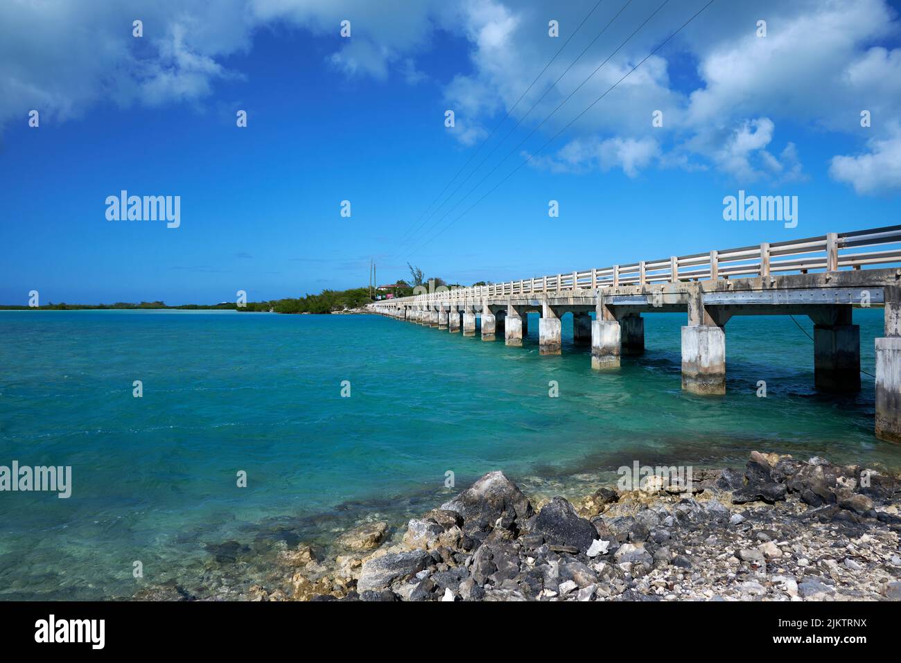 The side view shot of a small bridge along the sea connecting two part ...