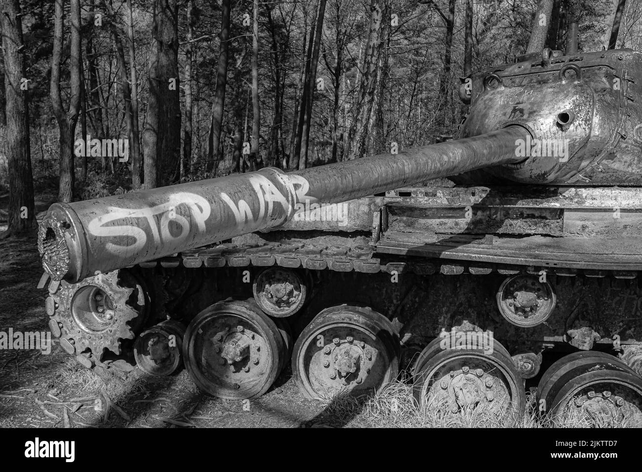 A black and white shot of an abandoned military tank in the forest with ...