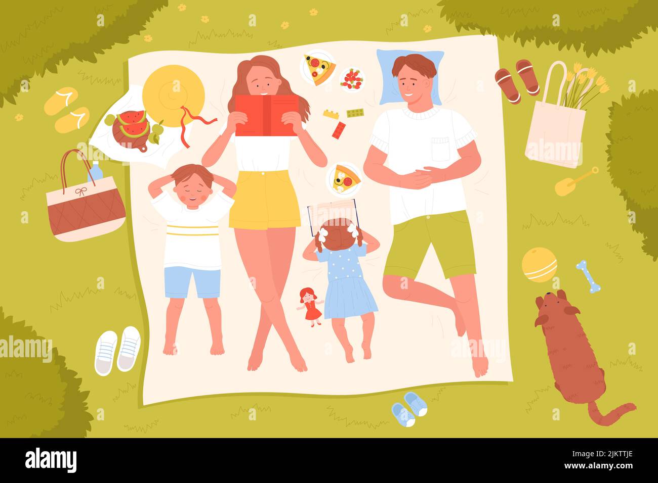 Family weekend picnic, top view vector illustration. Cartoon parents ...