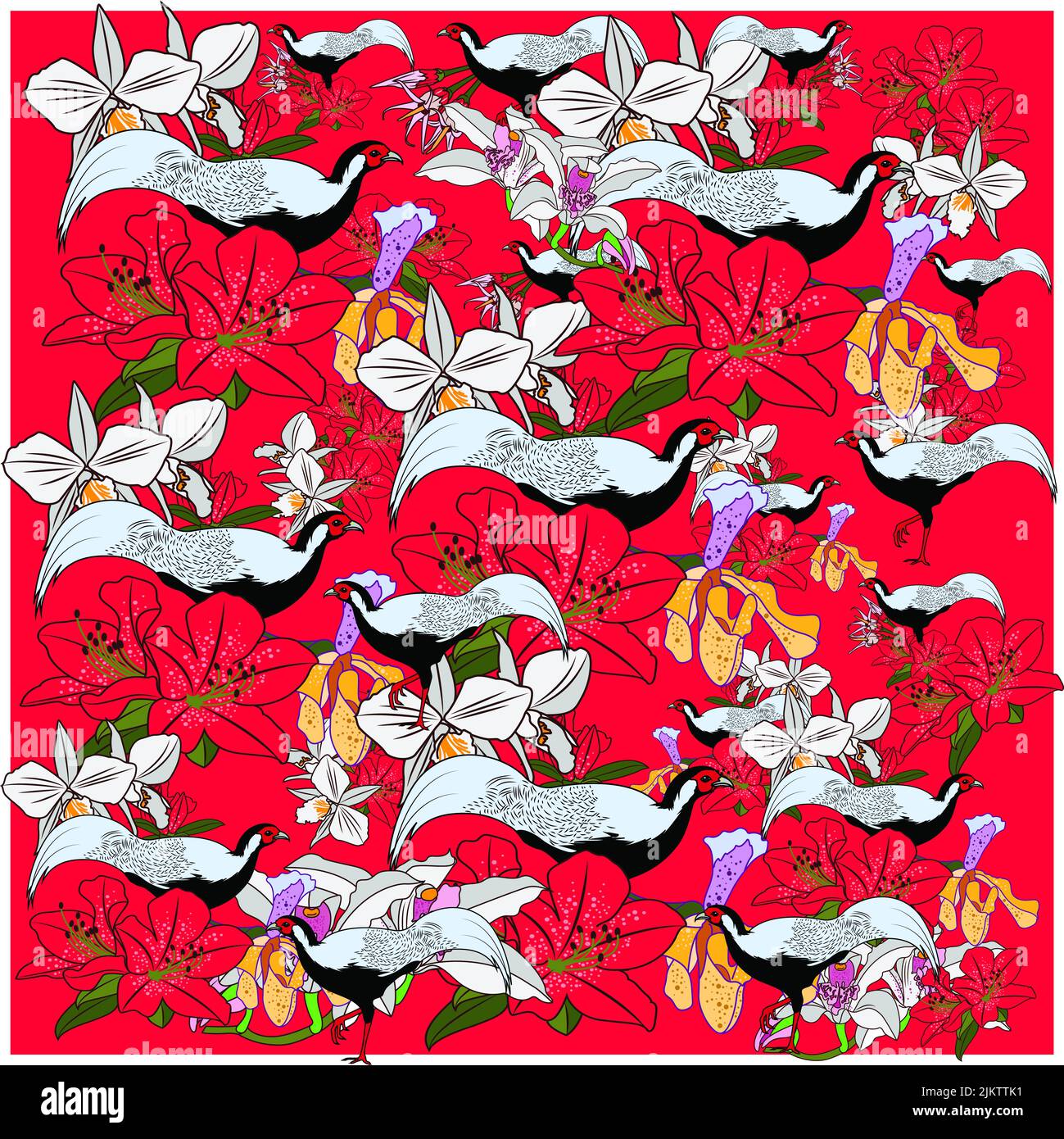 An illustration of silver pheasants and lily flowers on a red ...