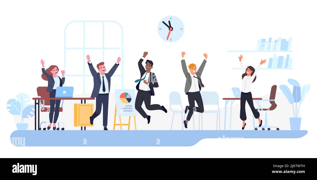 Happy business people. Cheerful men and women jumping in office ...