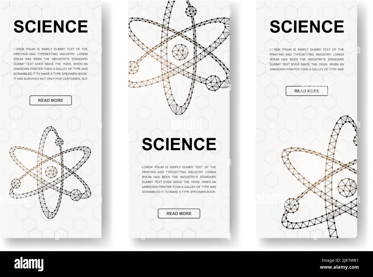 Set of three Atom polygonal vertical banners. 3d Atomic neutron low ...