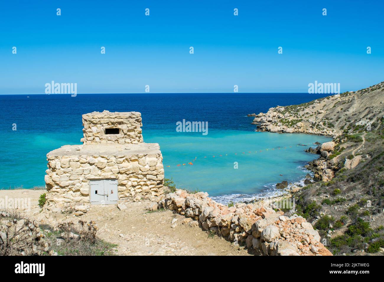 Old military beach post guarding Imgiebah Bay, near Selmun, Mellieha ...