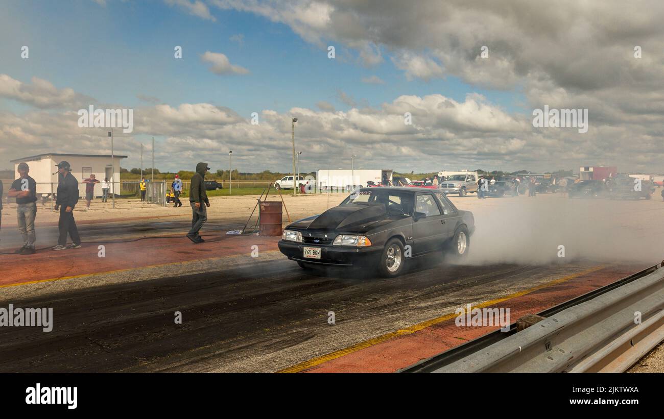 Mustang Dragster doing a burnout with smoke before drag race. Burnout ...