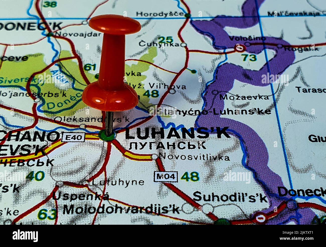 A closeup of a red pin on the map of the Luhansk city in Ukraine Stock ...