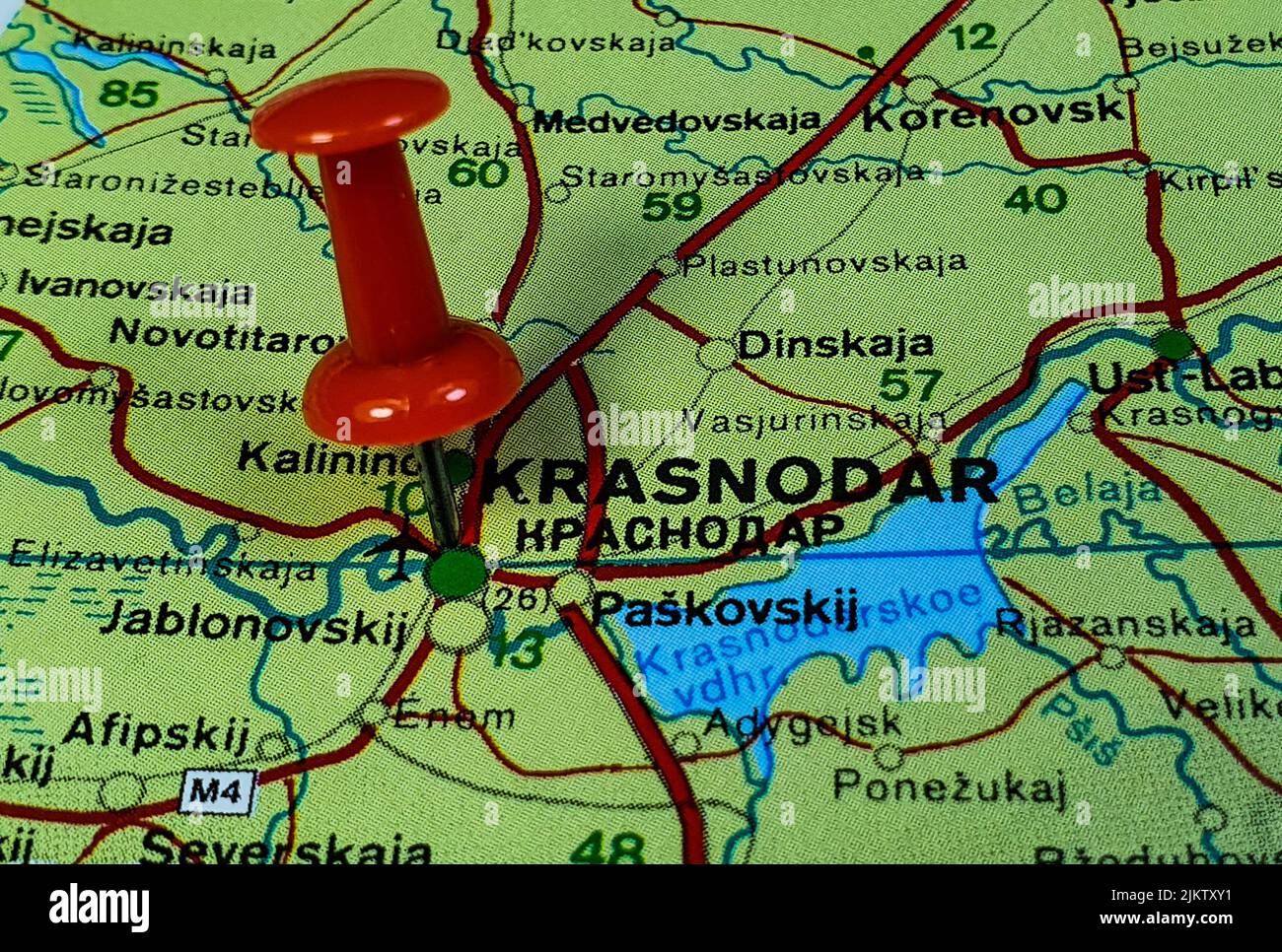 A closeup of a red pin on the map of the Krasnodar city in Russia Stock ...