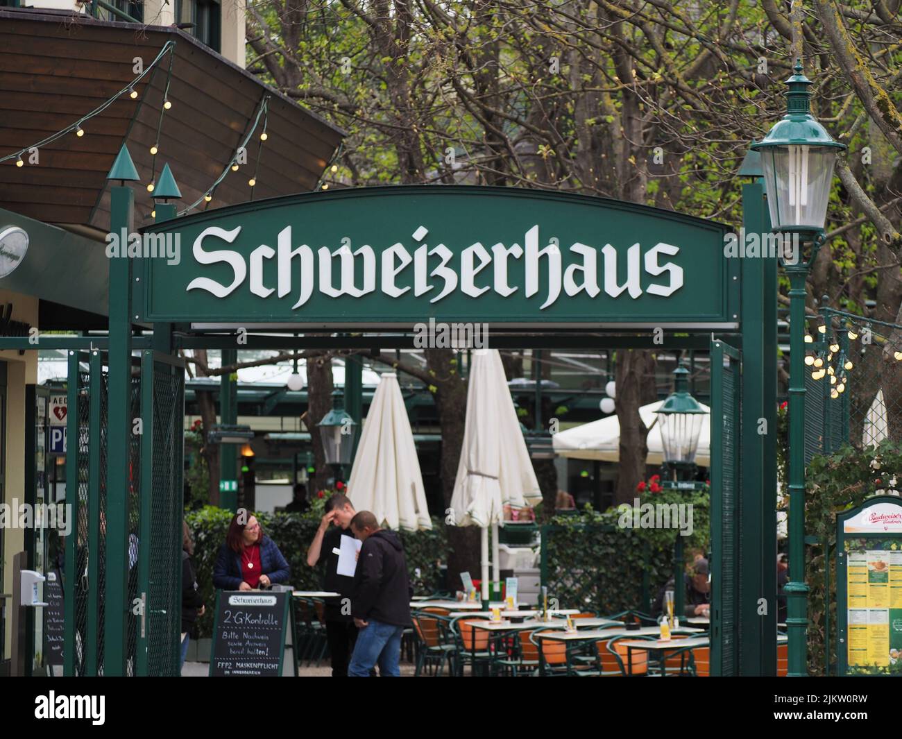 Schweizerhaus sign at the wurstelprater in vienna famous for a dish called "Stelzn Stock Photo ...