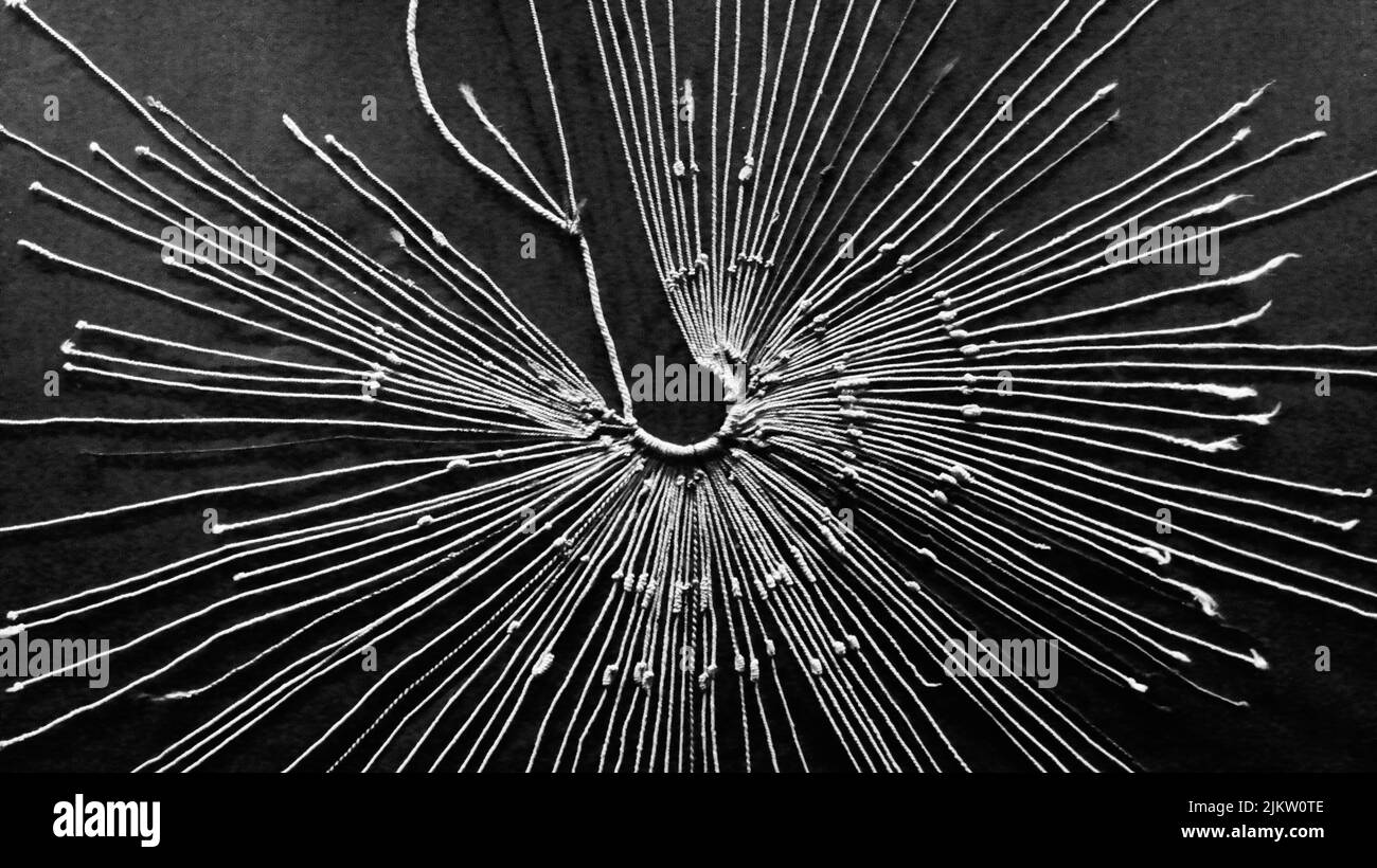A grayscale shot of the knots of the Inca knot and threads at a museum ...