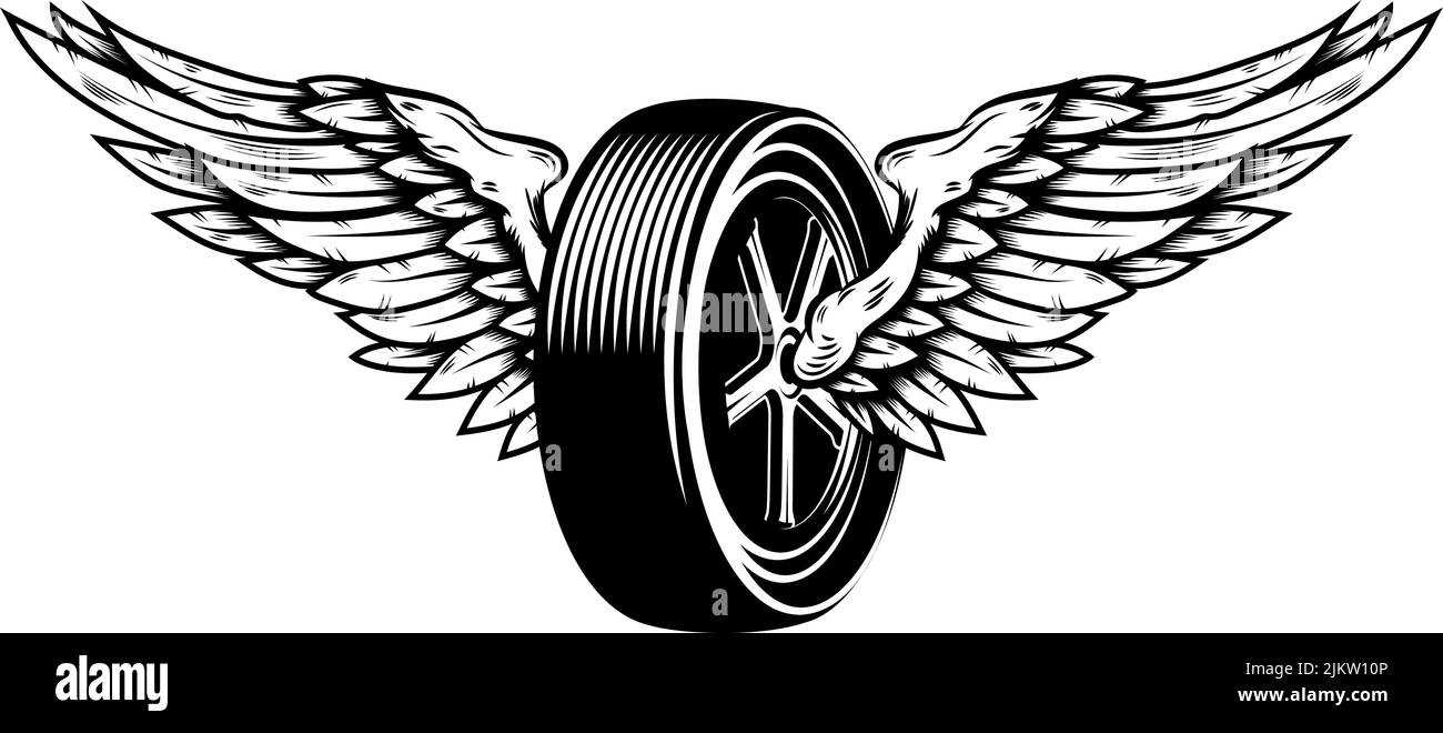 Winged wheel in monochrome style. Design element for logo, label, sign ...