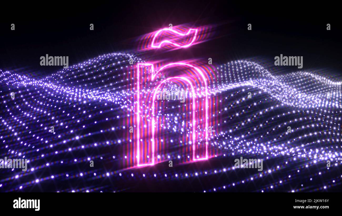 Glowing isolated pink letters and symbols over a dark, mountain like ...