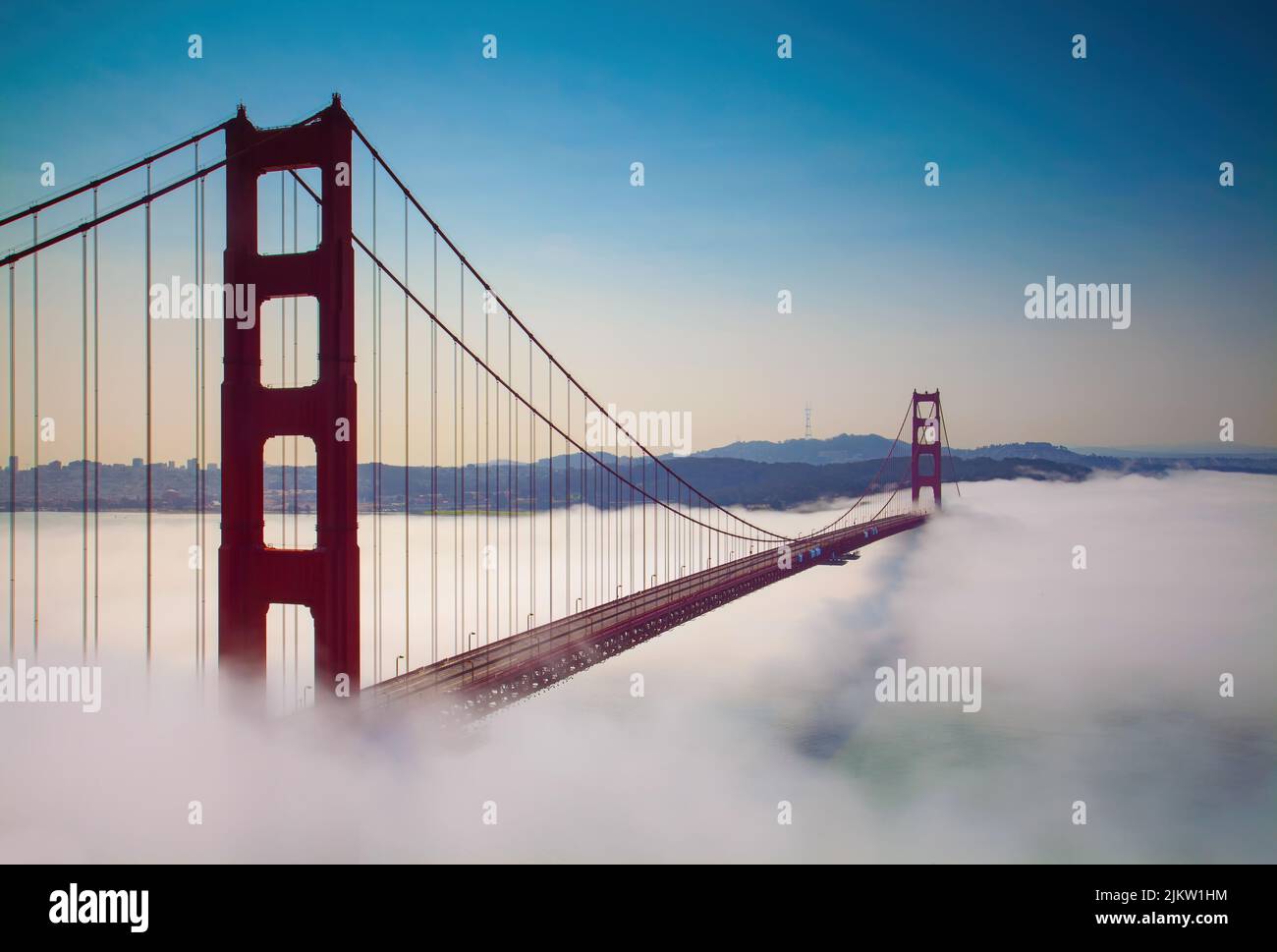 The gradient blue sky over the red Golden Gate Bridge, San Francisco on ...