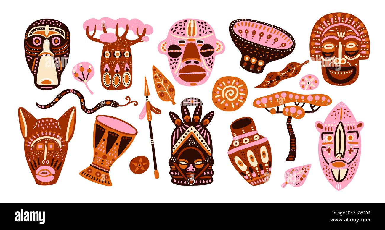 African elements. Ethnic totem faces. Traditional masks and drums ...