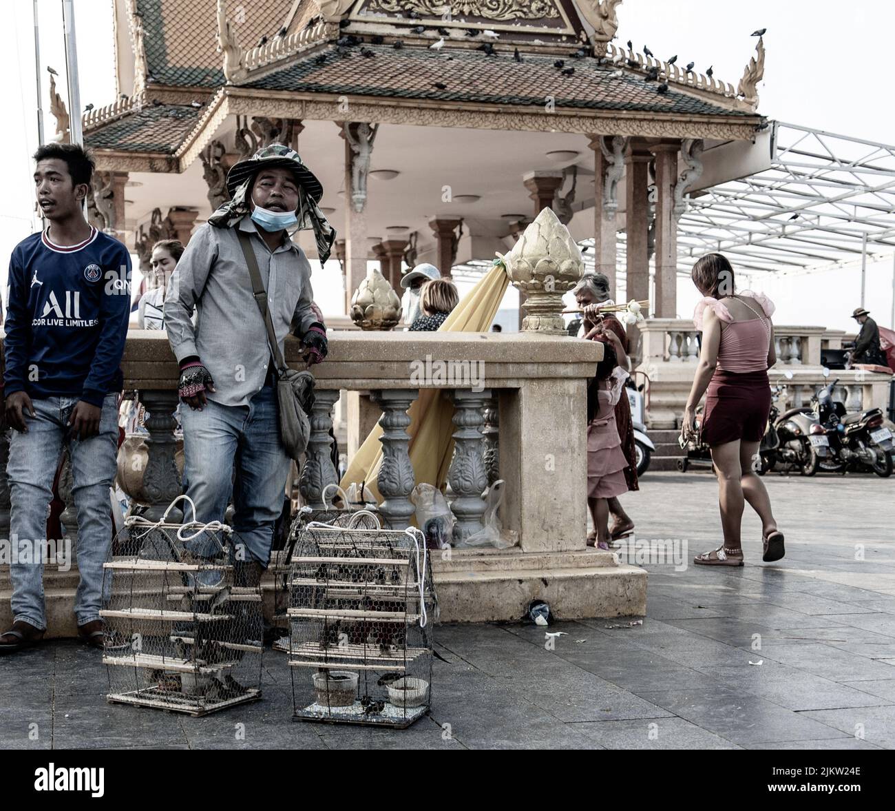 A street of small birds kept in cages near shrines for a merit release ...