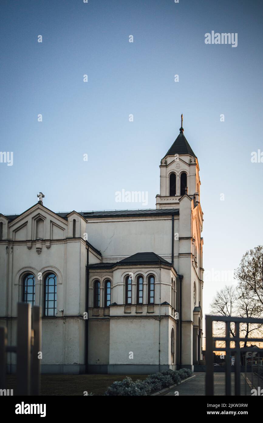 A vertical shot of the Exterior design of catholic church in Brcko with ...